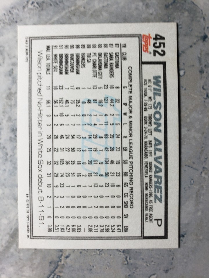 1992 Topps Baseball Card Wilson Alvarez Chicago White Sox #452 A136 | eBay