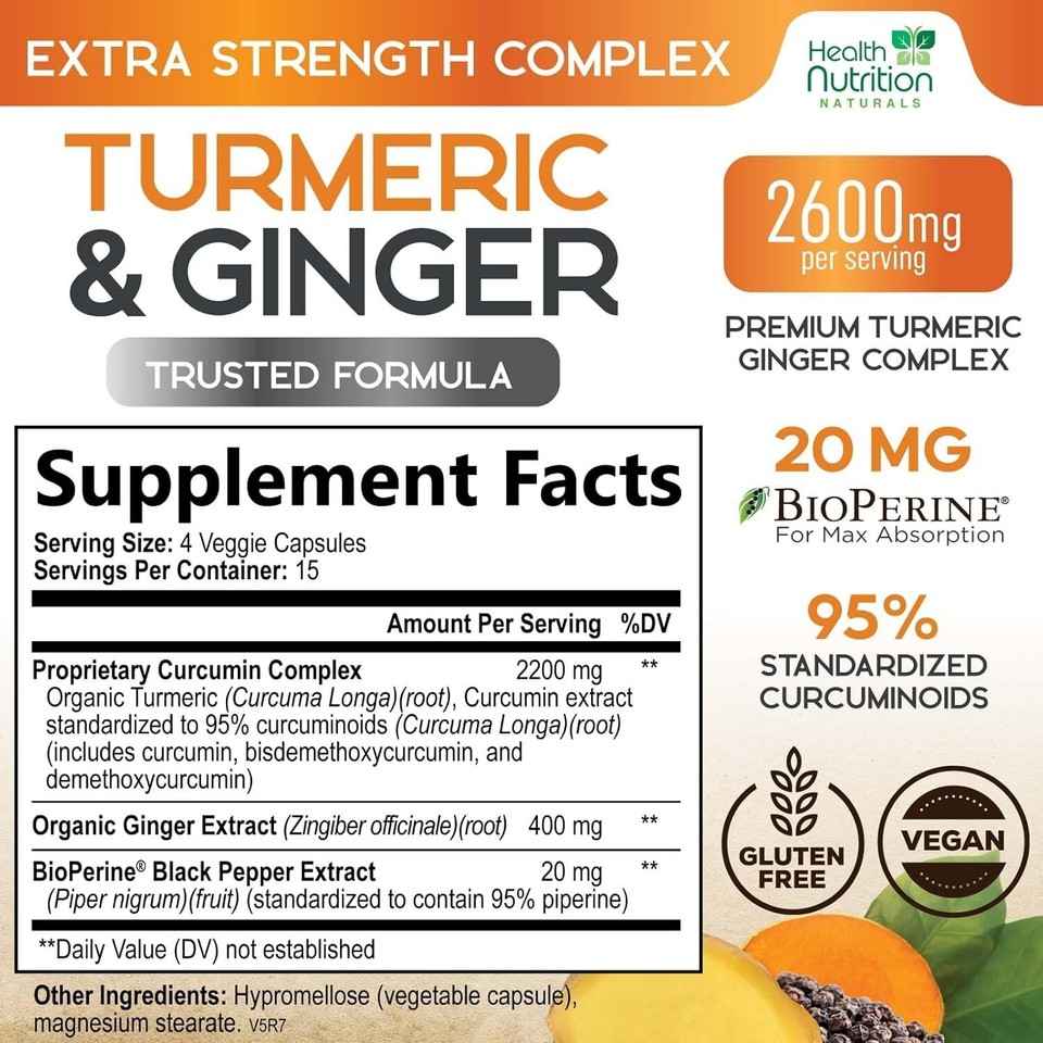 Turmeric Supplement Curcumin 2600mg - with Organic Ginger & Turmeric ...