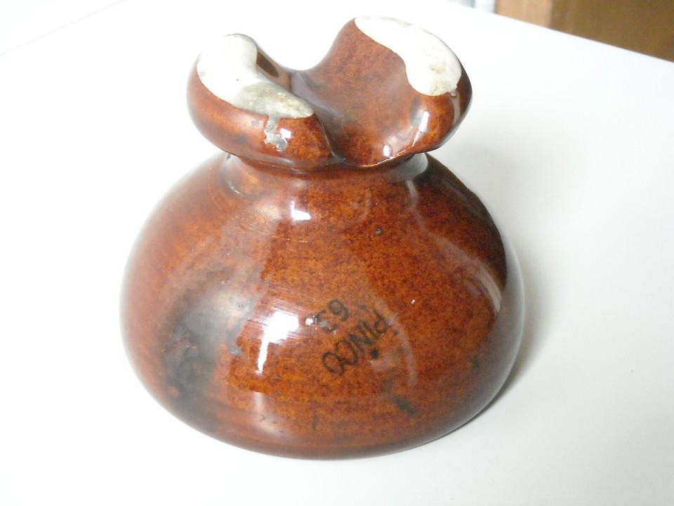 Vntg Brown Glazed Porcelain Insulator PINCO 63 Saddle Top Round Base 3 ...