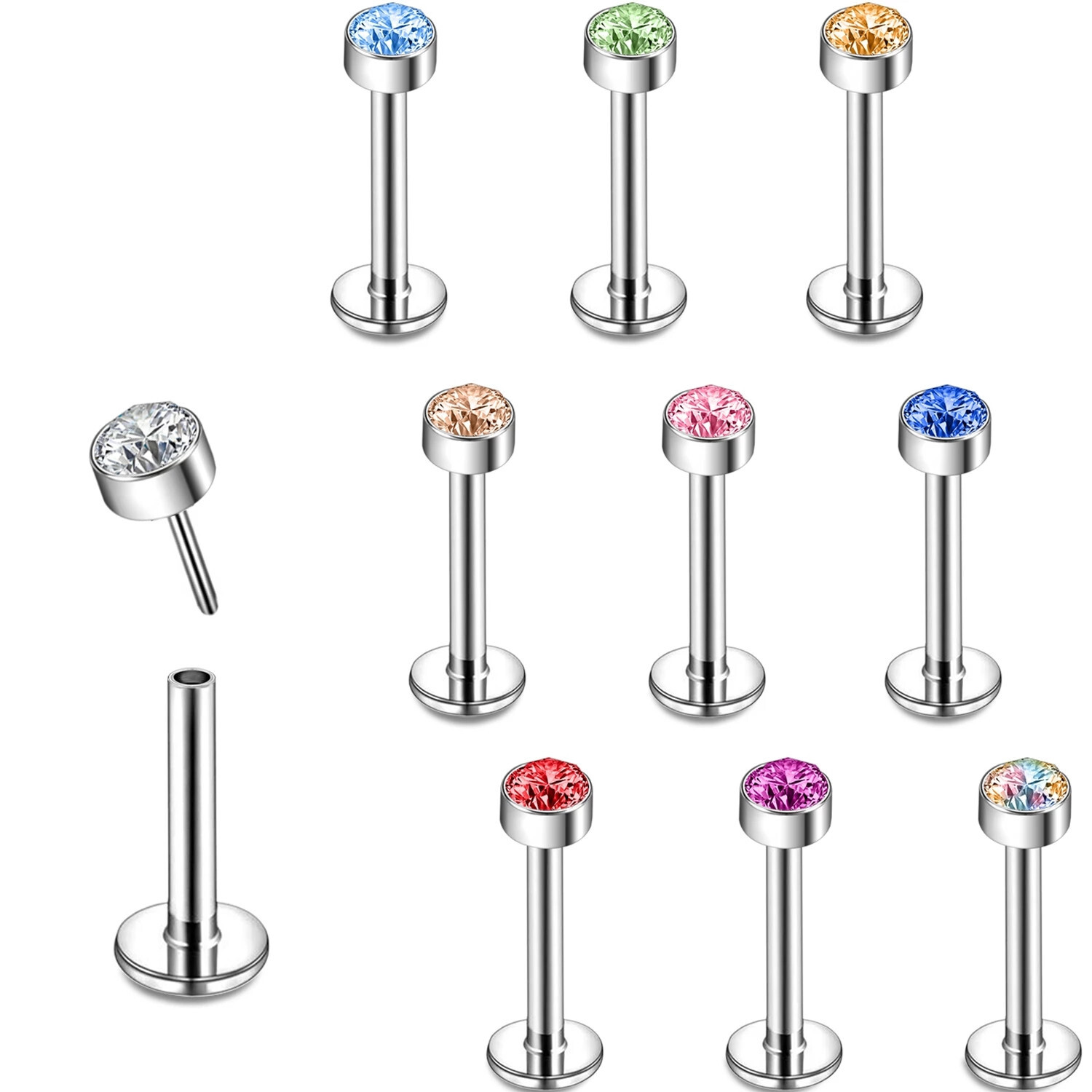 10Pcs Plug-in Style Stainless Steel 16G Lip Labret Piercing CZ Tragus ...