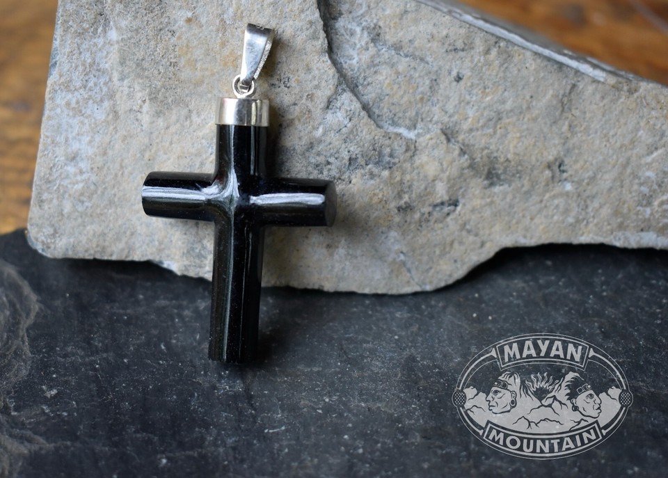 BLACK GUATEMALAN JADEITE JADE CROSS w/ SILVER SETTING Jesus Christ ...