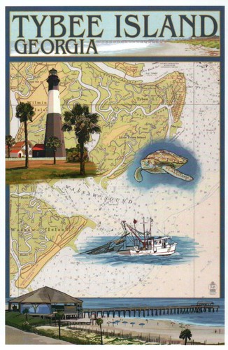 Tybee Island Georgia Nautical Chart, Lighthouse Sea Turtle - Modern Map ...