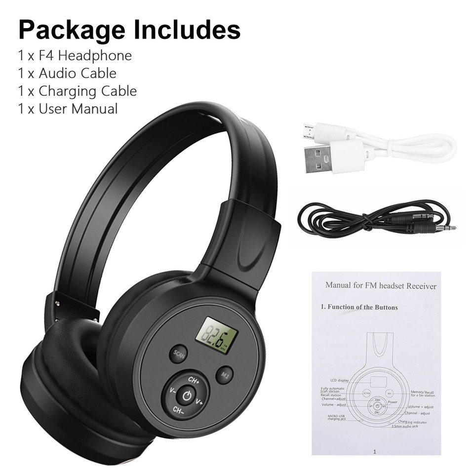 Wireless FM Radio Headphones 3.5mm Rechargeable Over-Ear Stereo Headset ...