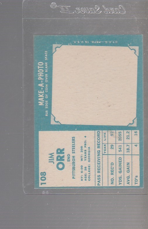 1961 Topps JIM ORR Football Card STEELERS COLTS #108. ROOKIE CARD ...