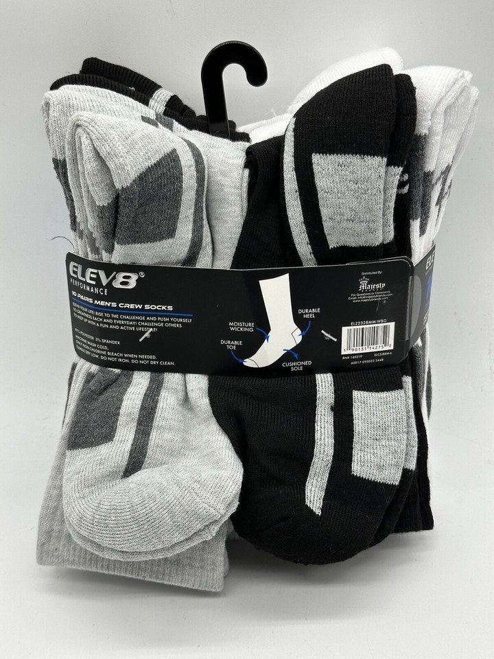 10 PAIR PACK ELEV8 MENS PERFORMANCE SPORT CREW SOCKS SIZE 6-12 ...