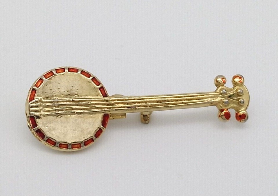 Banjo Instrument Brooch Pin Red Enamel Shiny Gold Tone Metal Taiwan ...