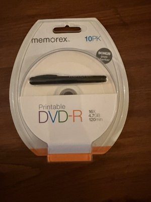 10-pk Memorex White Inkjet Hub Printable DVD-R; 16x 4.7GB 120m w/ Bonus ...