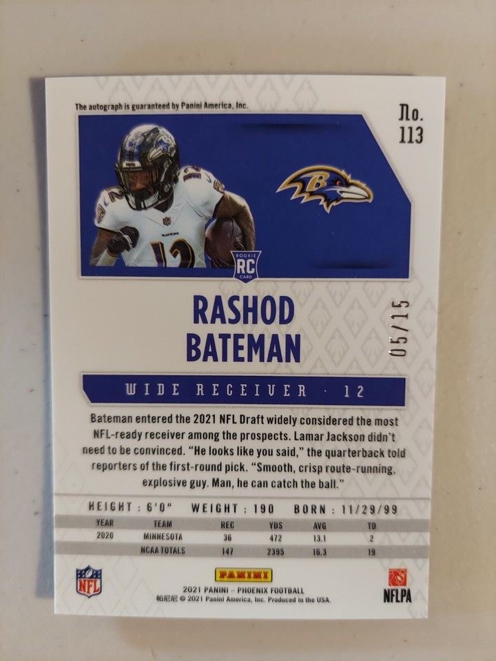 2021 Phoenix Rashod Bateman Blue Auto 5/15 Ravens SP RC Rookie #113 | eBay