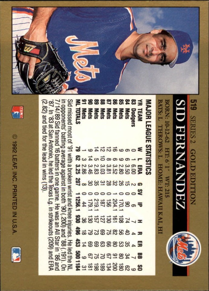 1992 Leaf New York Mets Baseball Card #519 Sid Fernandez | eBay