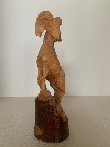 Carved Wood Ram Statue on rock, 13” Tall | eBay