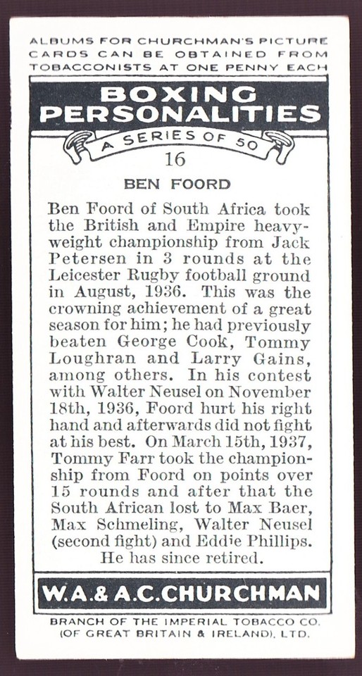 EX/MT-NM 1938 Churchman's Boxing Personalities #16 Ben Foord | eBay