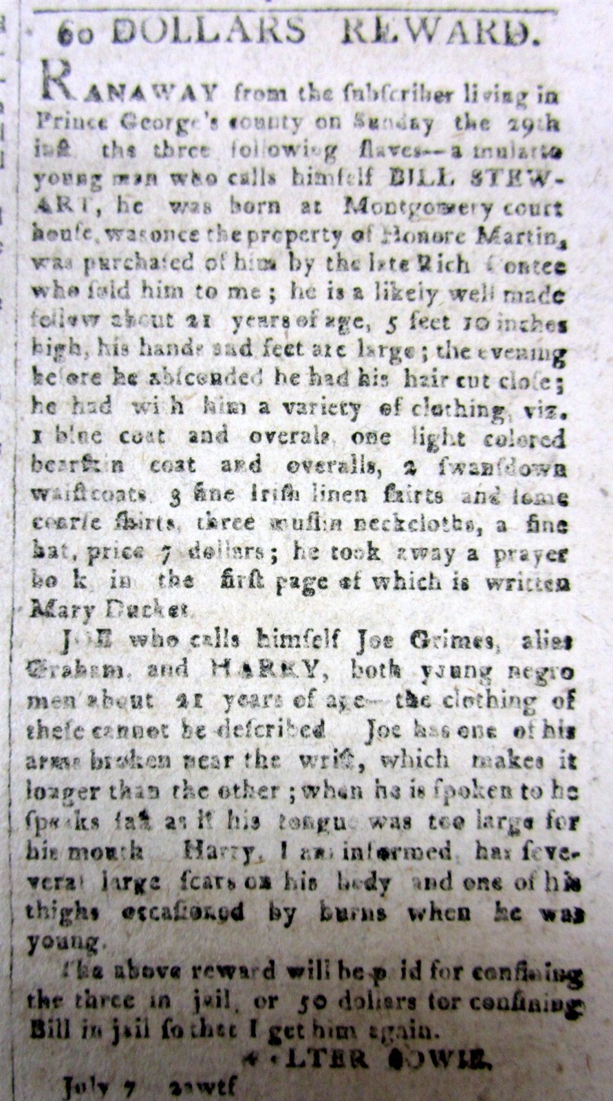 1806 Washington DC newspaper w FEMALE SLAVES SALE ads + RUNAWAY SLAVE ...