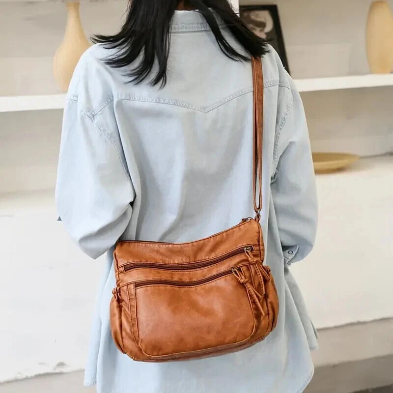 Women New Genuine Leather Brown Purse Shoulder Bag Pockets Cross Body ...