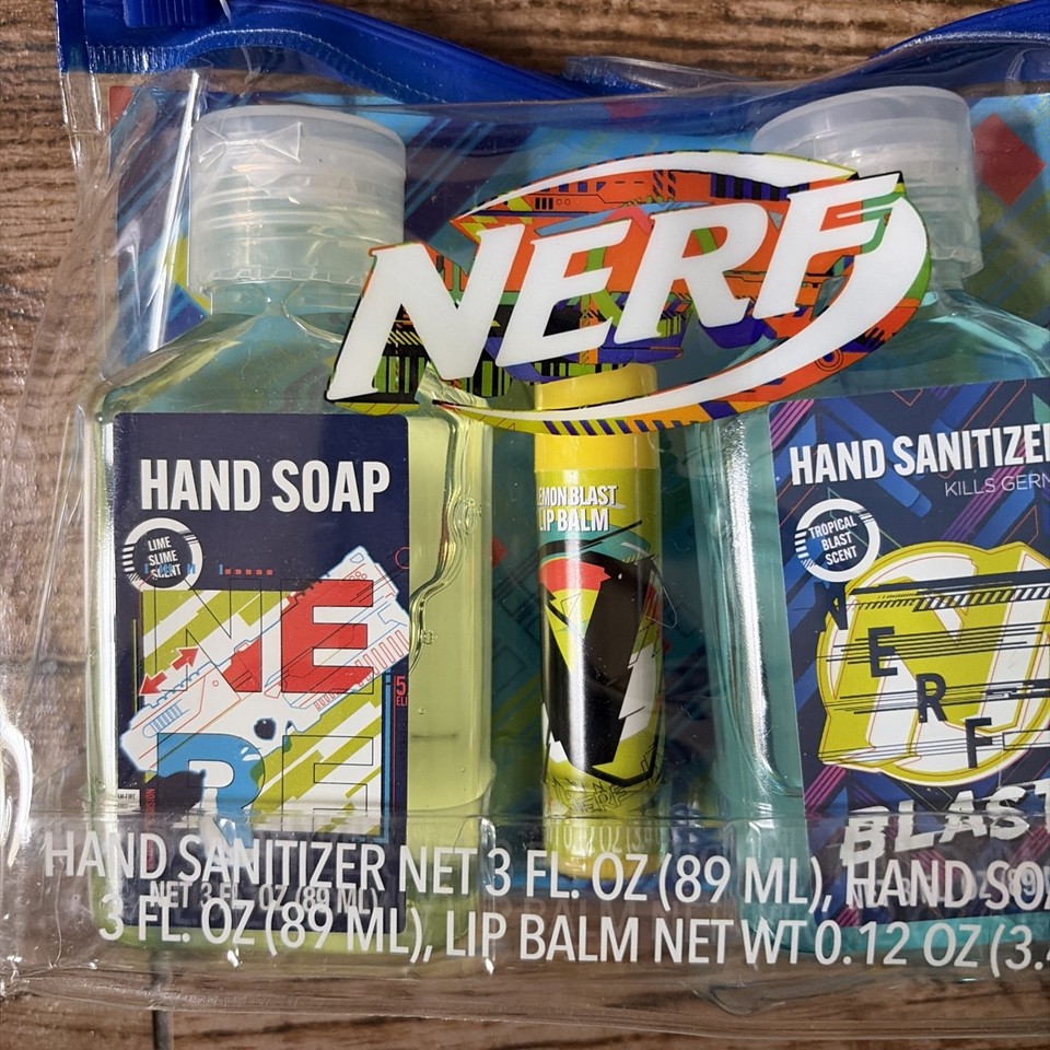 NERF 3 Pc Kids Hygiene Travel Bag Set Hand Soap Lip Balm, Hand ...