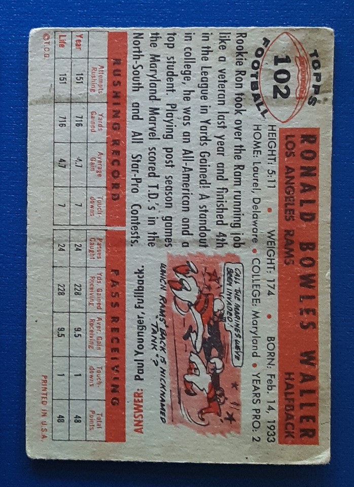 1956 Topps Football #102 Ron Waller - Los Angeles Rams | eBay