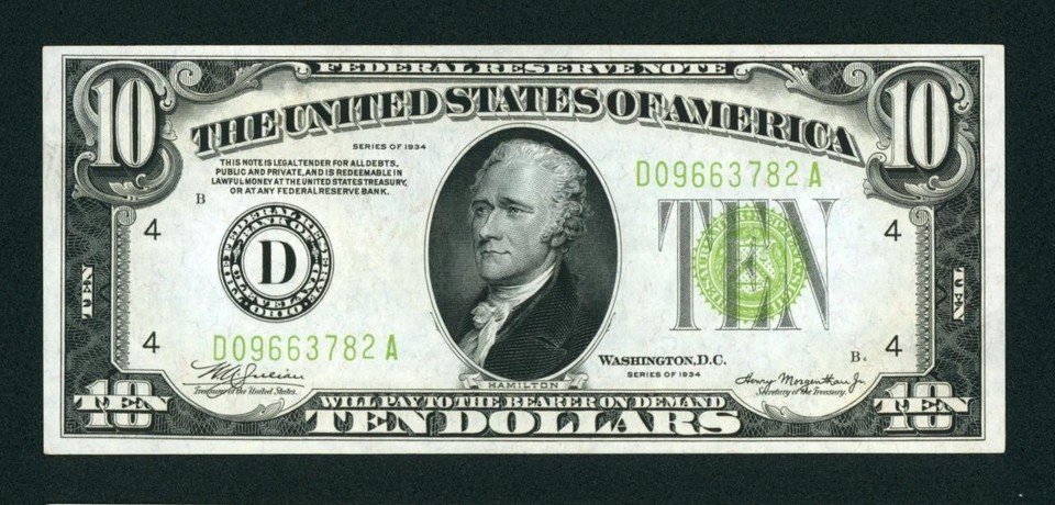 $10 1934 (AU) LGS LIME ((LIGHT GREEN SEAL)) Federal Reserve Note ...