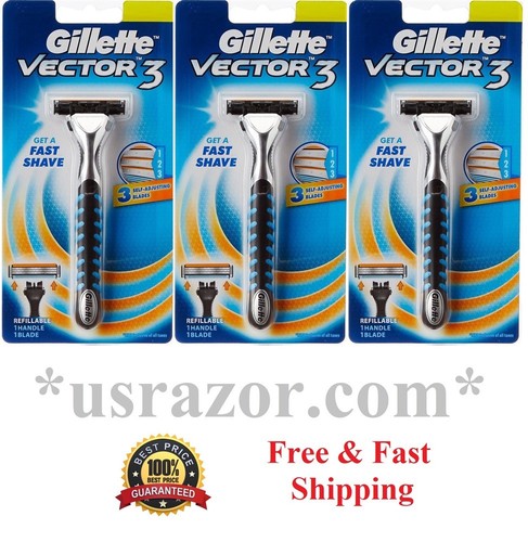 3 Gillette Vector 3 Razor Handle Fits Sensor Excel Men Women Blades ...