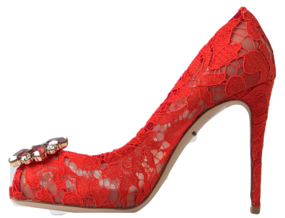 DOLCE & GABBANA Shoes Red Taormina Lace Crystal Heels Pumps EU36.5 ...