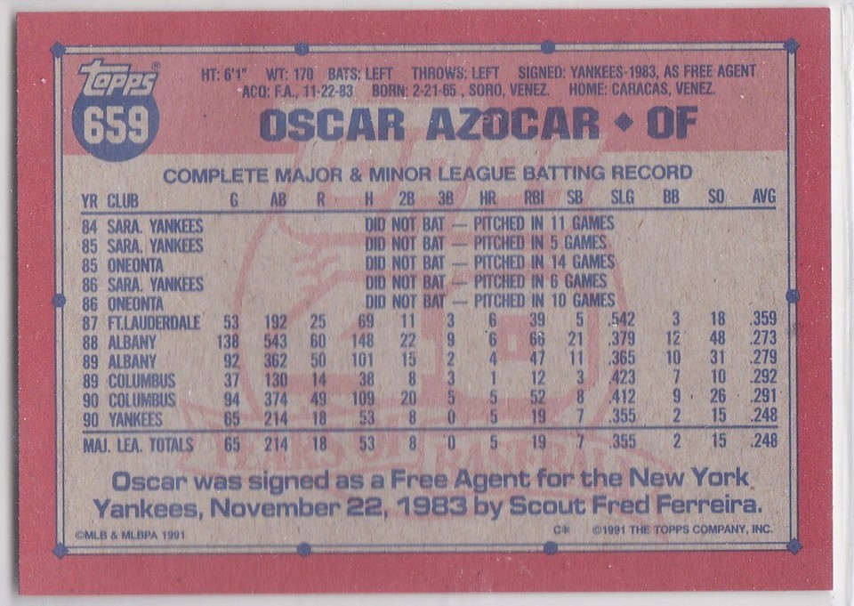 M) 1991 Topps Baseball Trading Card - Oscar Azocar #659 | eBay
