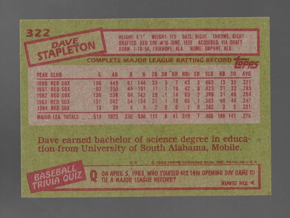 1985 Topps #322 Dave Stapleton Near mint or better | eBay
