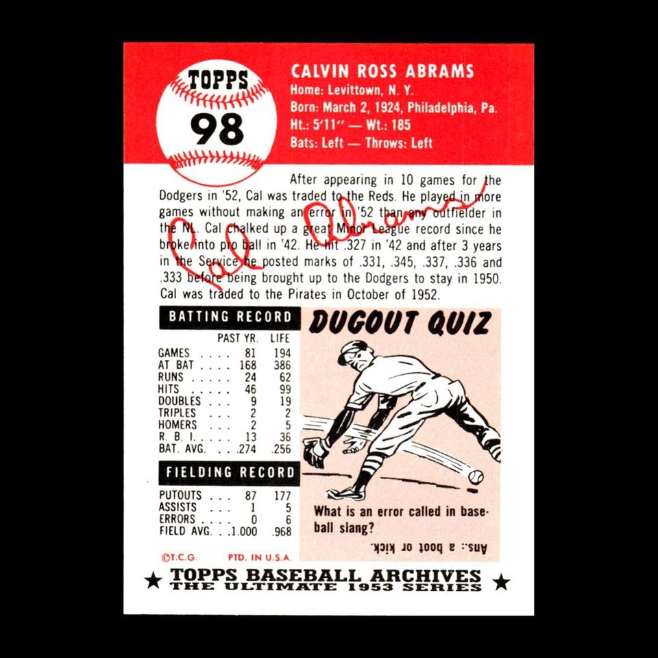 Cal Abrams 1991 Topps Archives 1953 Pittsburgh Pirates #98 NM-MT GM | eBay