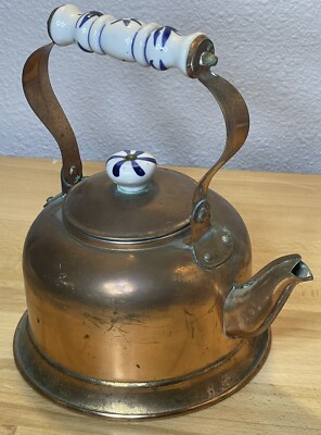 Vintage Copper And Brass Tea Pot W/ Porcelain Delft Blue Handle ...