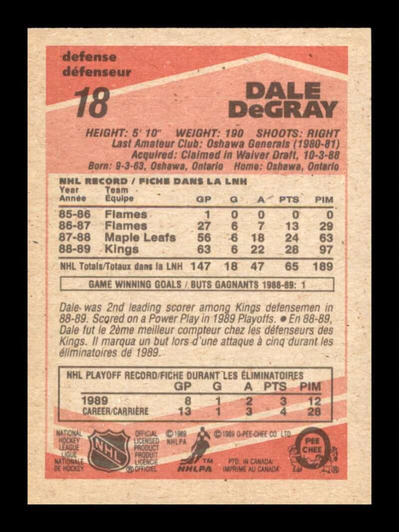 1989-90 O-Pee-Chee Dale DeGray #18 Los Angeles Kings Rookie RC NM | eBay