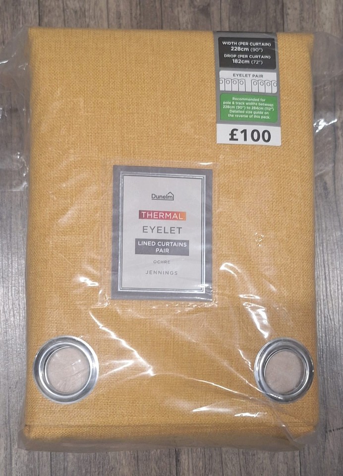Dunelm THERMAL Eyelet Lined Curtains Pair OCHRE JENNINGS W228 X L182CM ...