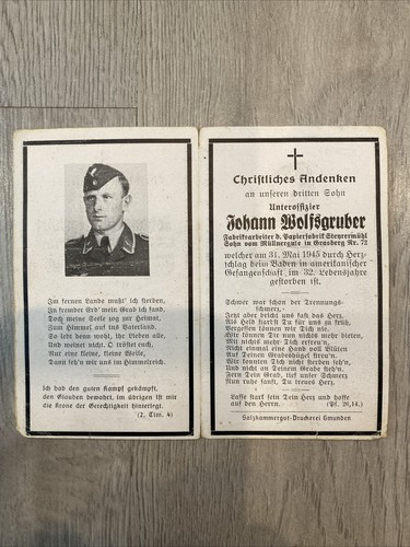 WWII WW2 German Memorial Death Card POW Died @ Fort Sam Houston Texas ...