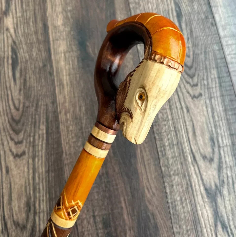 Goat Walking Stick Hand Carvin Cane Wooden Unique Handmade Cane Hiking ...