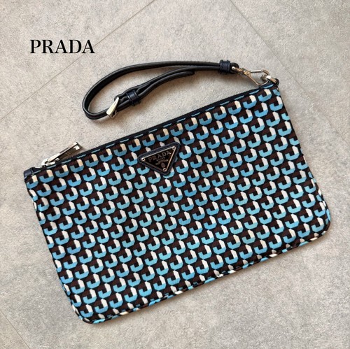 PRADA Geometric Pattern Nylon Leather Clutch Bag Blue Authentic Women's ...
