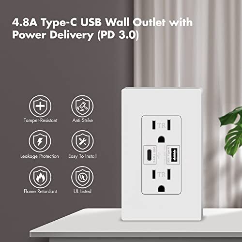 USB C Outlet PD Wall Outlet 15Amp 24W with Power Delivery, Receptacle ...