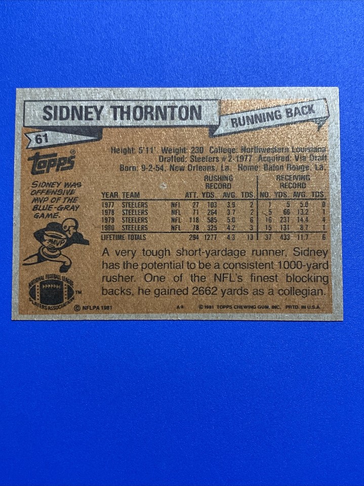 1981 Topps - #61 Sidney Thornton. Pittsburg Steelers | eBay