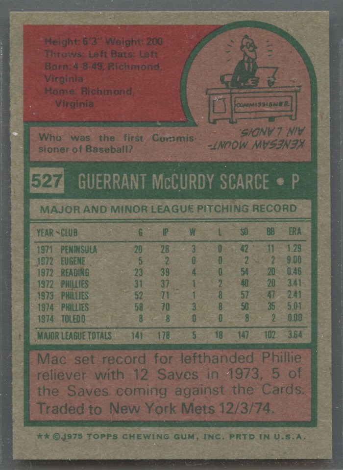 1975 Topps #527 Mac Scarce Philadelphia Phillies | eBay