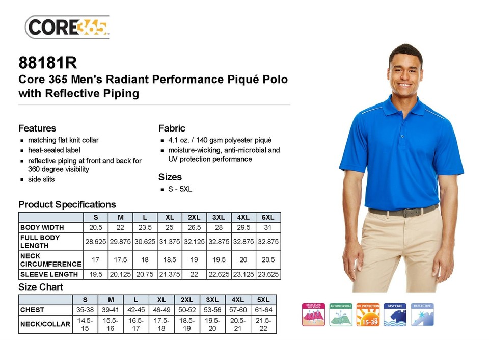 Core 365 Mens Polo Shirt Reflective Piping Radiant Performance Pique ...