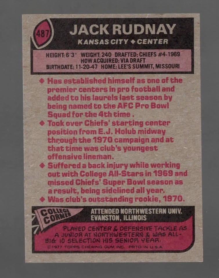1977 Topps Jack Rudnay Kansas City Chiefs #487 Excellent | eBay