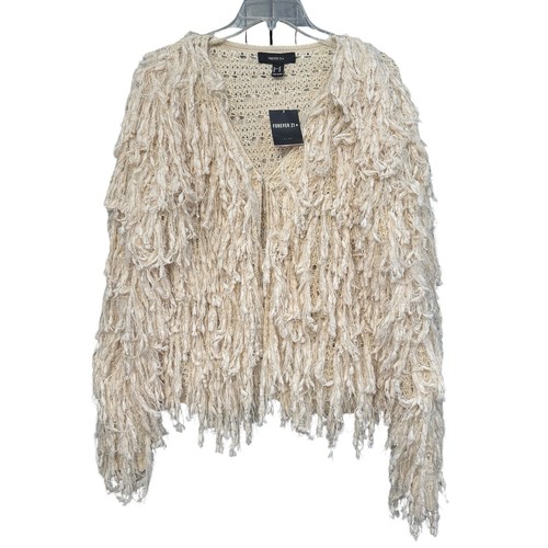 Forever 21 Plus Beige Shaggy Fringe Open Front Cardigan Sweater 0X | eBay