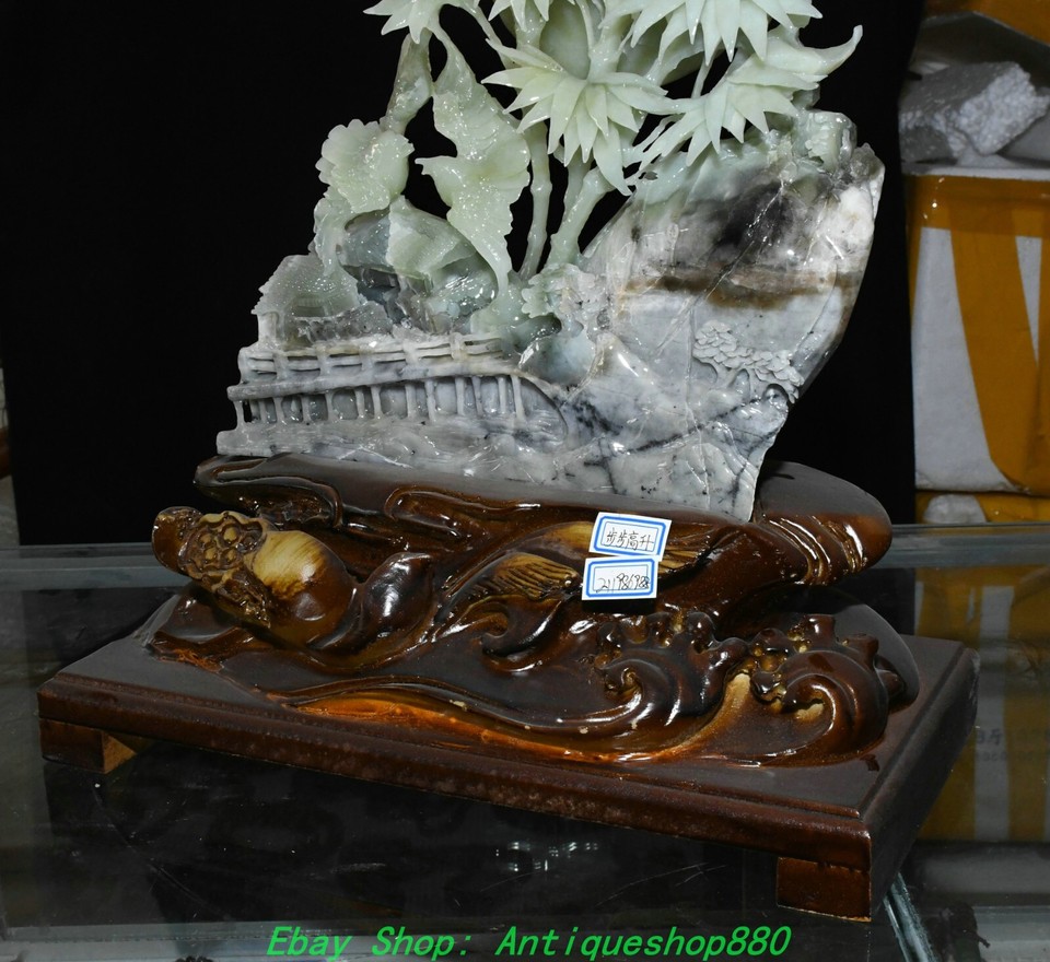 16.1''China Natural Xiu Jade Carving Bamboo Tree Bird House Statue ...