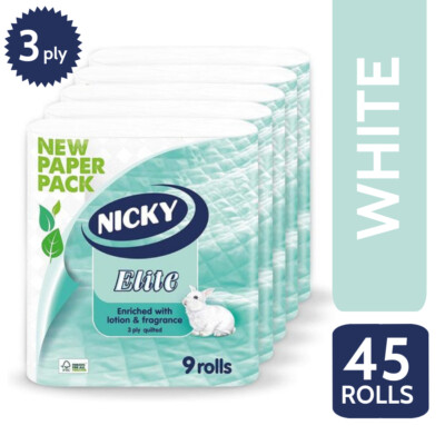 Nicky Elite Luxury 3 Ply Quilted 45 Toilet Rolls, Toilet Tissue - White ...