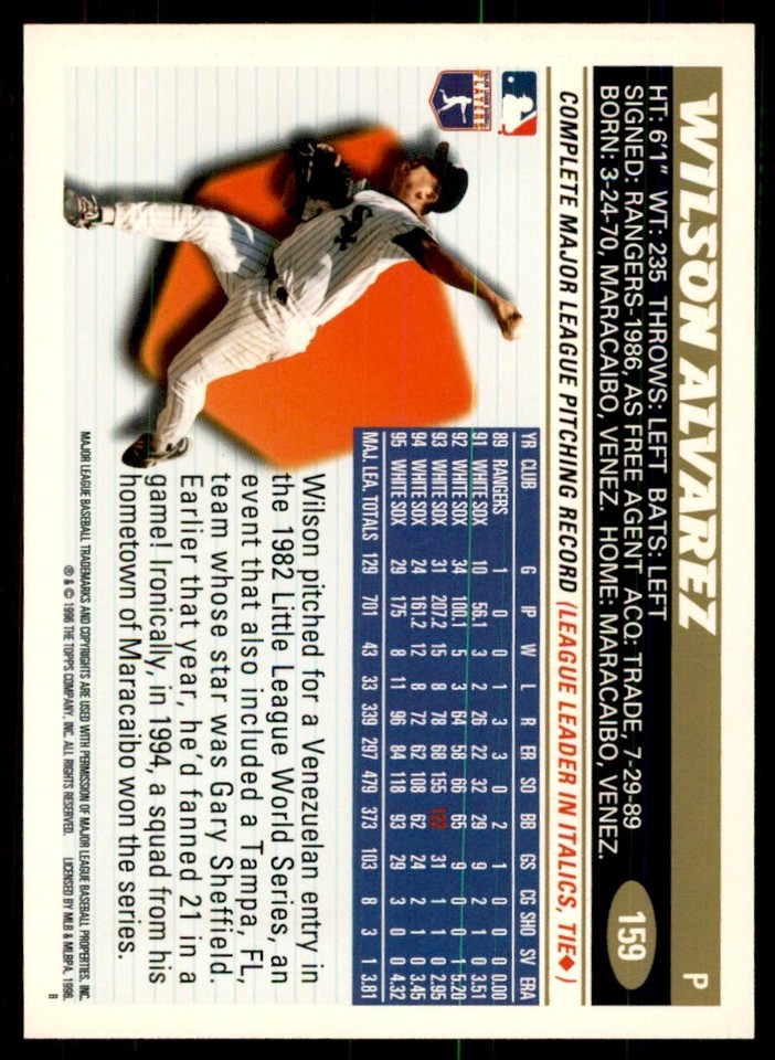 1996 Topps Wilson Alvarez Baseball Card #159 | eBay