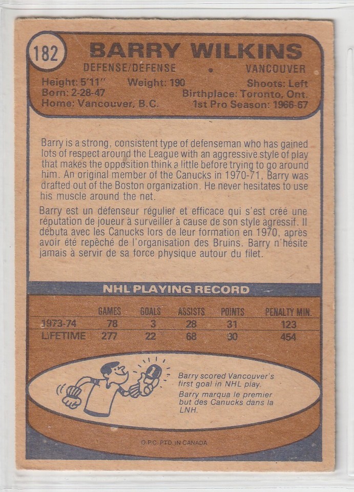 1974-75 O Pee Chee Hockey #182 Barry Wilkins Vancouver Canucks | eBay