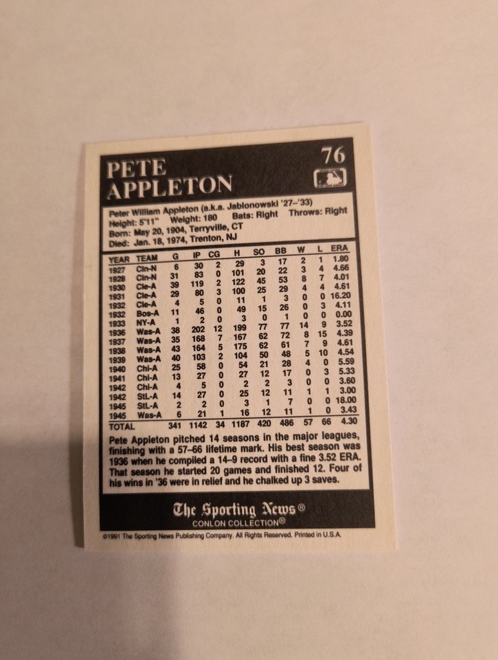 PETE APPLETON 1991 CONLON COLLECTION THE SPORTING NEWS #76 | eBay