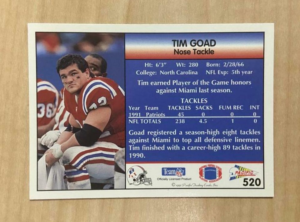 TIM GOAD NEW ENGLAND PATRIOTS SIGNED AUTOGRAPHED 1992 PACIFIC CARD #520 ...