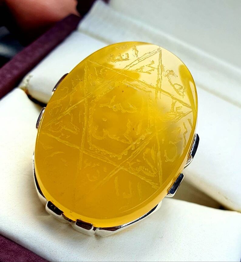 Yellow aqeeq ring for men special amulet seal of Imam Raza carved by a ...