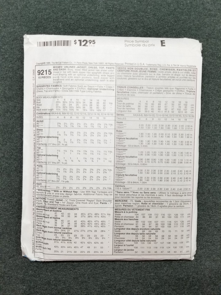 McCall's Pattern #9215 ~ Unlined Jacket Dress Top Pants ~ Misses 4 6 8 ...