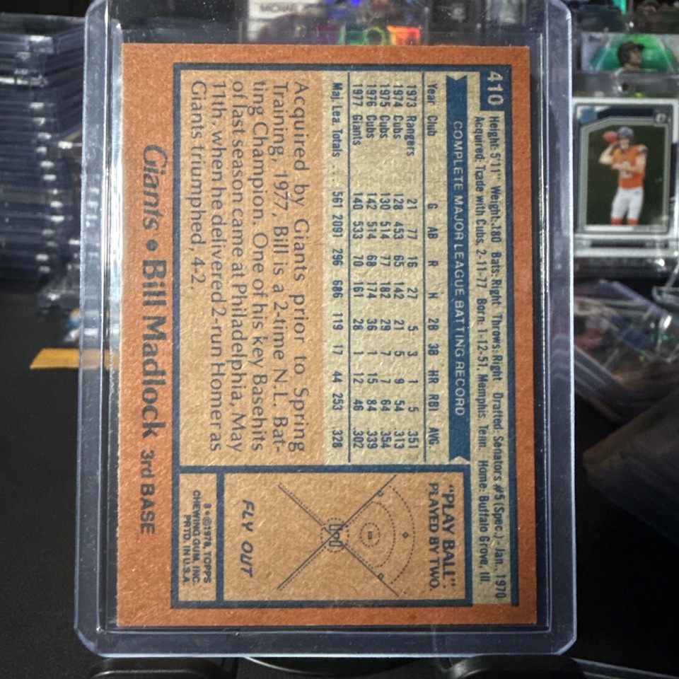 1978 Topps Bill Madlock #410 San Francisco Giants HIGH GRADE NO CREASES ...
