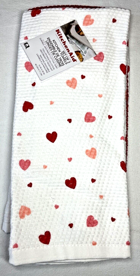 KITCHENAID KITCHEN TOWELS (3) HEARTS PINK RED WAFFLE 100% COTTON 16 X ...