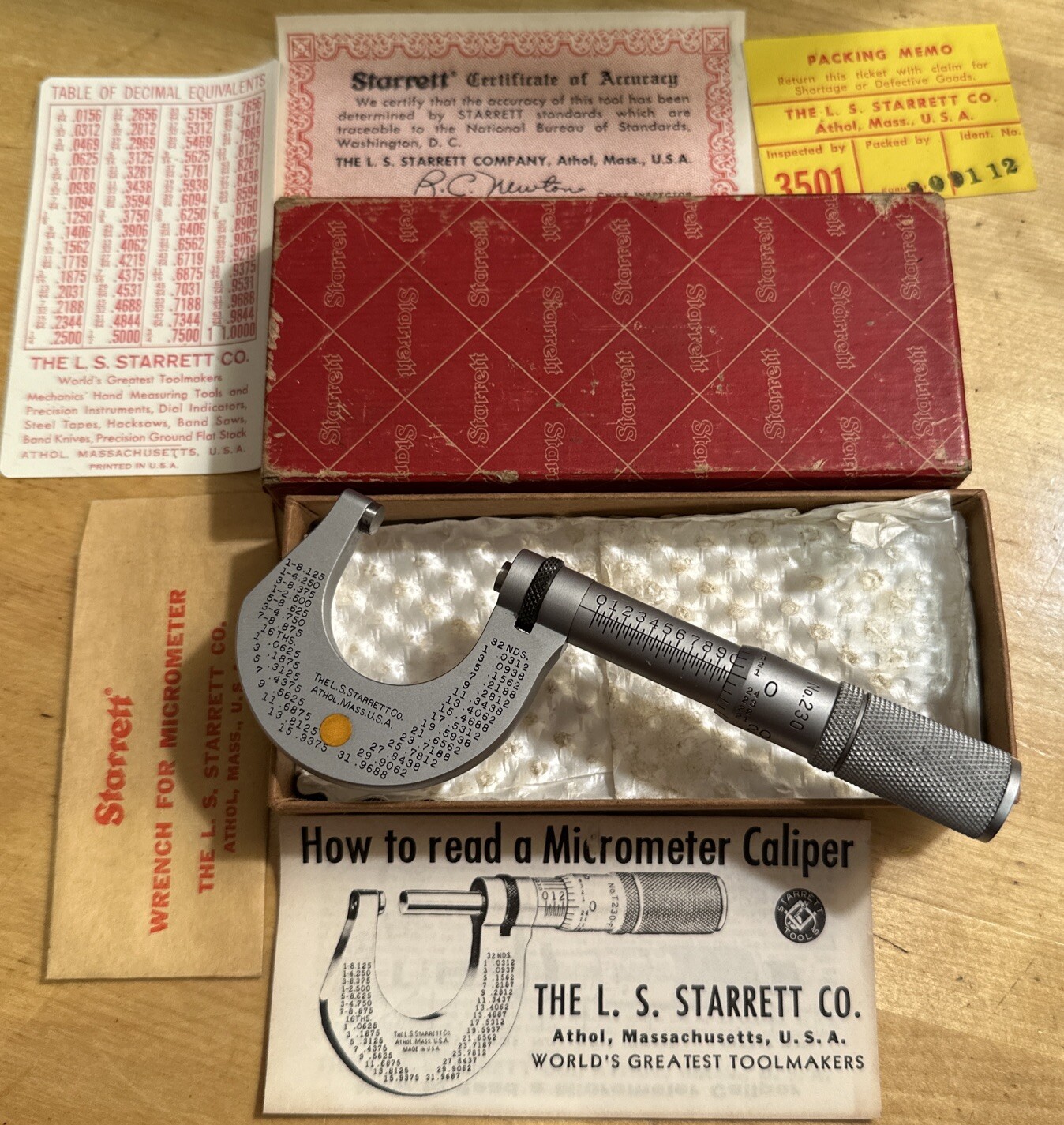 Starrett 0-1” Outside Micrometer Caliper 230FL Friction Thimble Locking ...