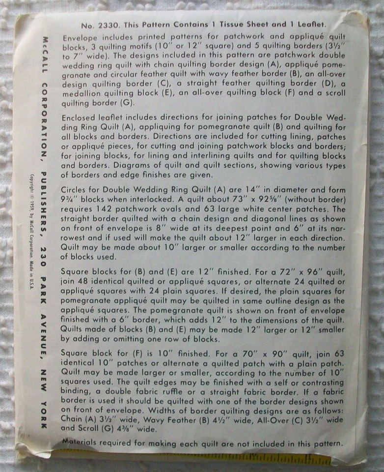 MCCALLS Vintage 50s Patchwork Applique Quilt Blocks Pattern 2330 Motifs ...