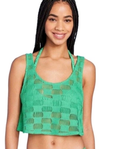 Wild Fable Womens L Green Open Weave Mesh Crochet Cropped Swim Cover Up ...